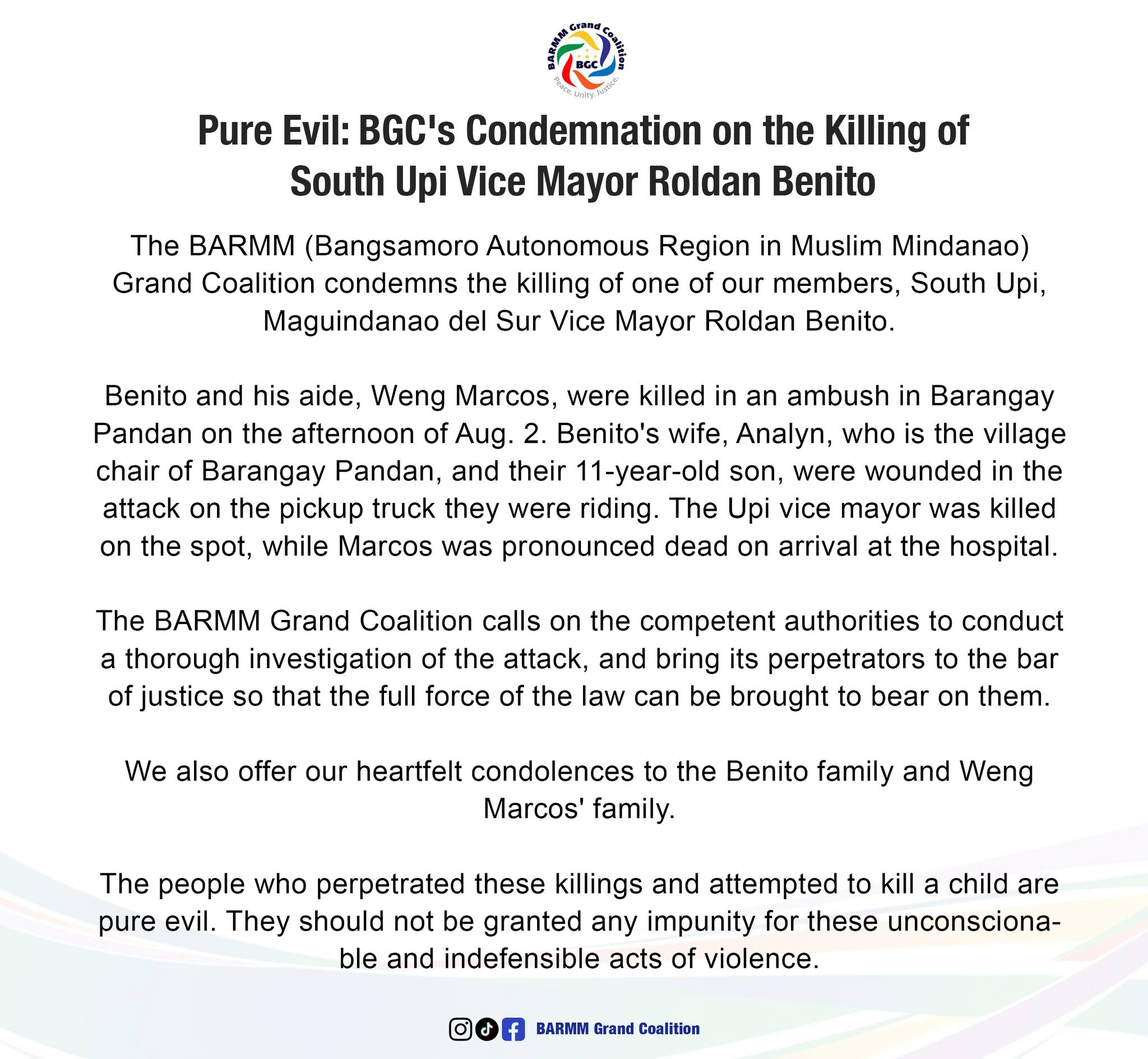 BARMM Grand Coalition, kinundena ang ambush sa South Upi Vice Mayor ...